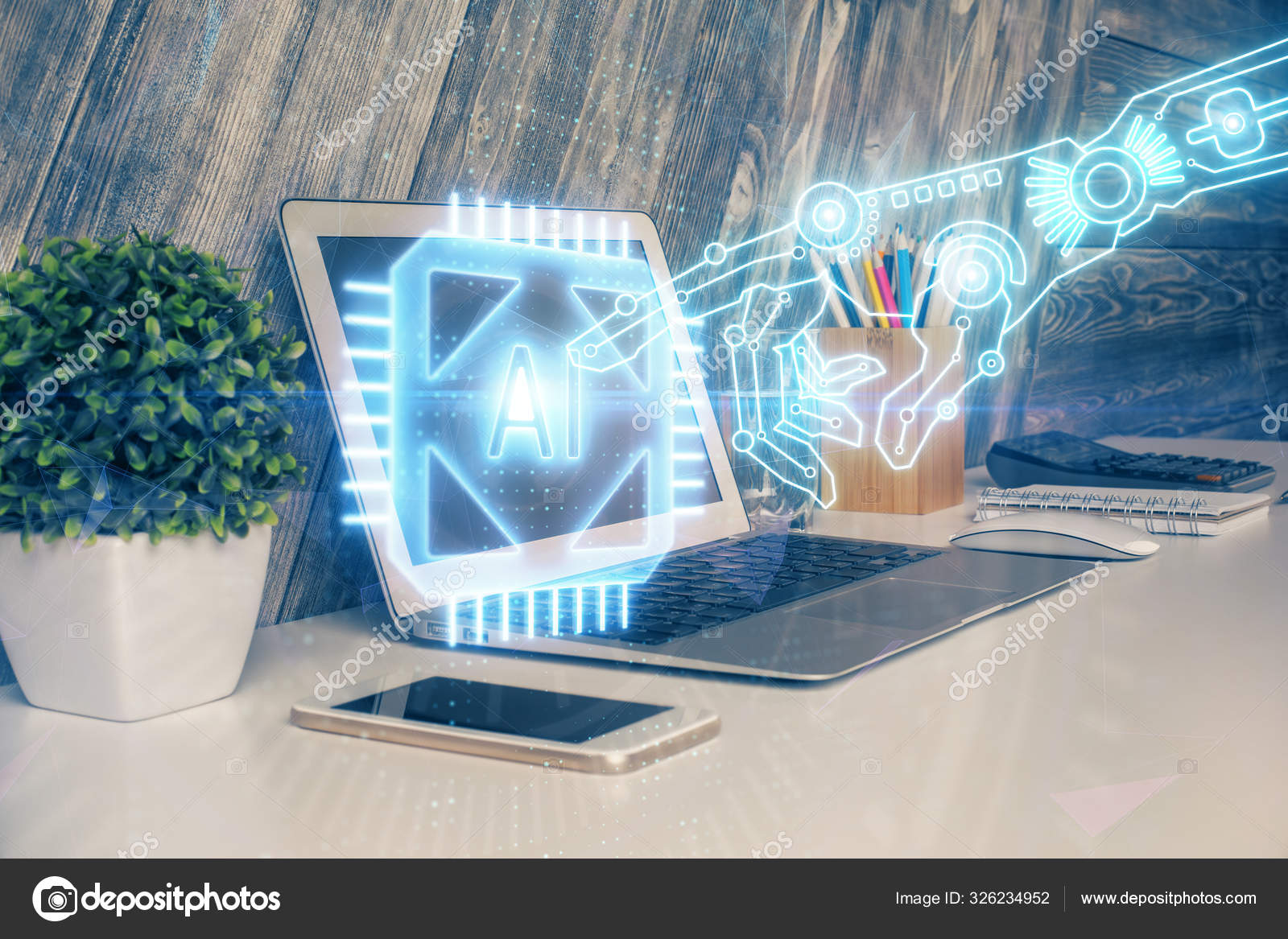 Multi exposure of computer on background and technology theme drawing ...