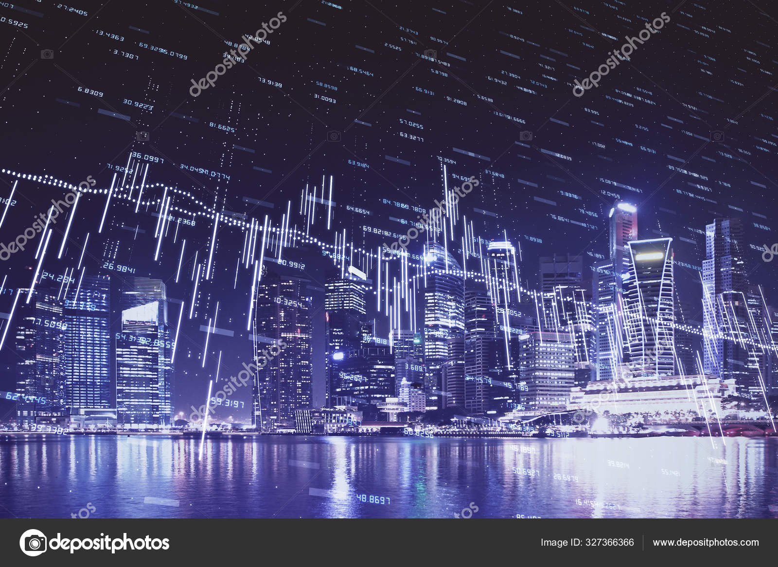 Financial chart on city scape with tall buildings background multi ...