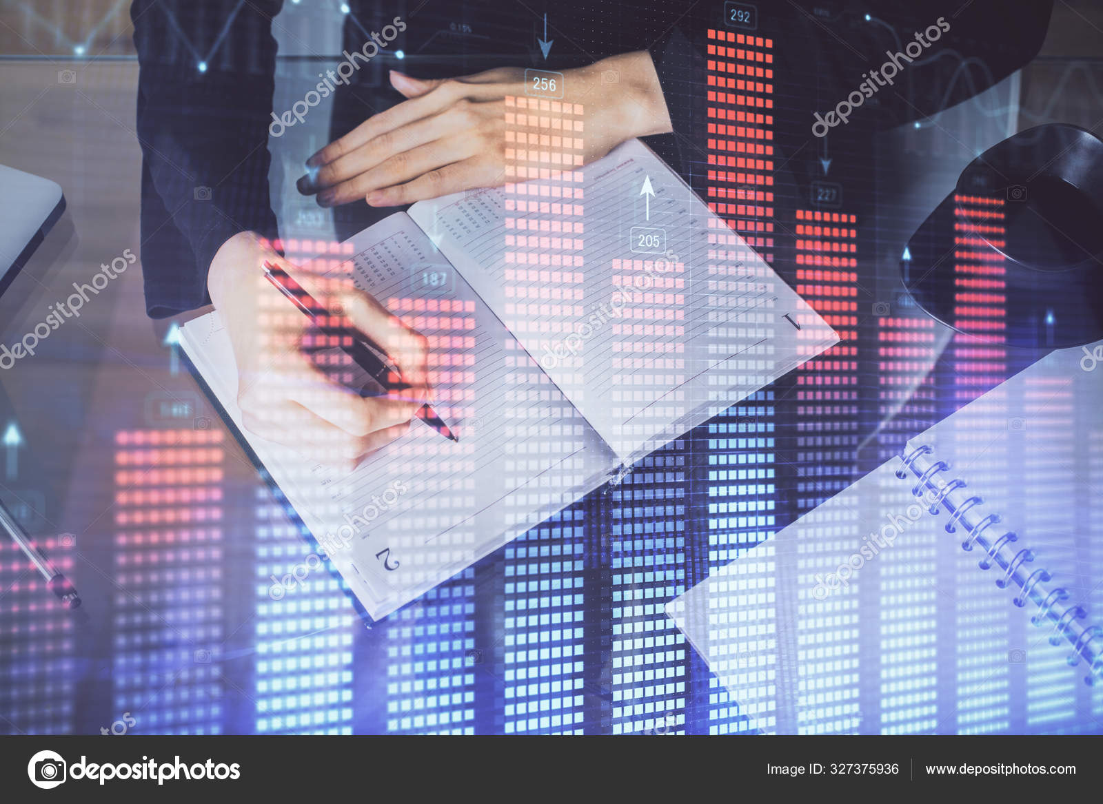 Forex chart hologram on hand taking notes background. Concept of ...