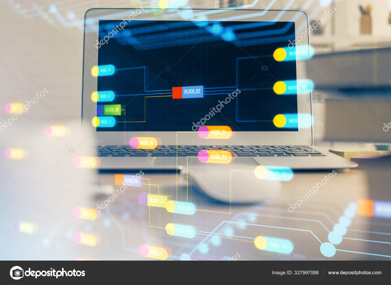 Technology theme drawing and work space with computer. Multi exposure ...