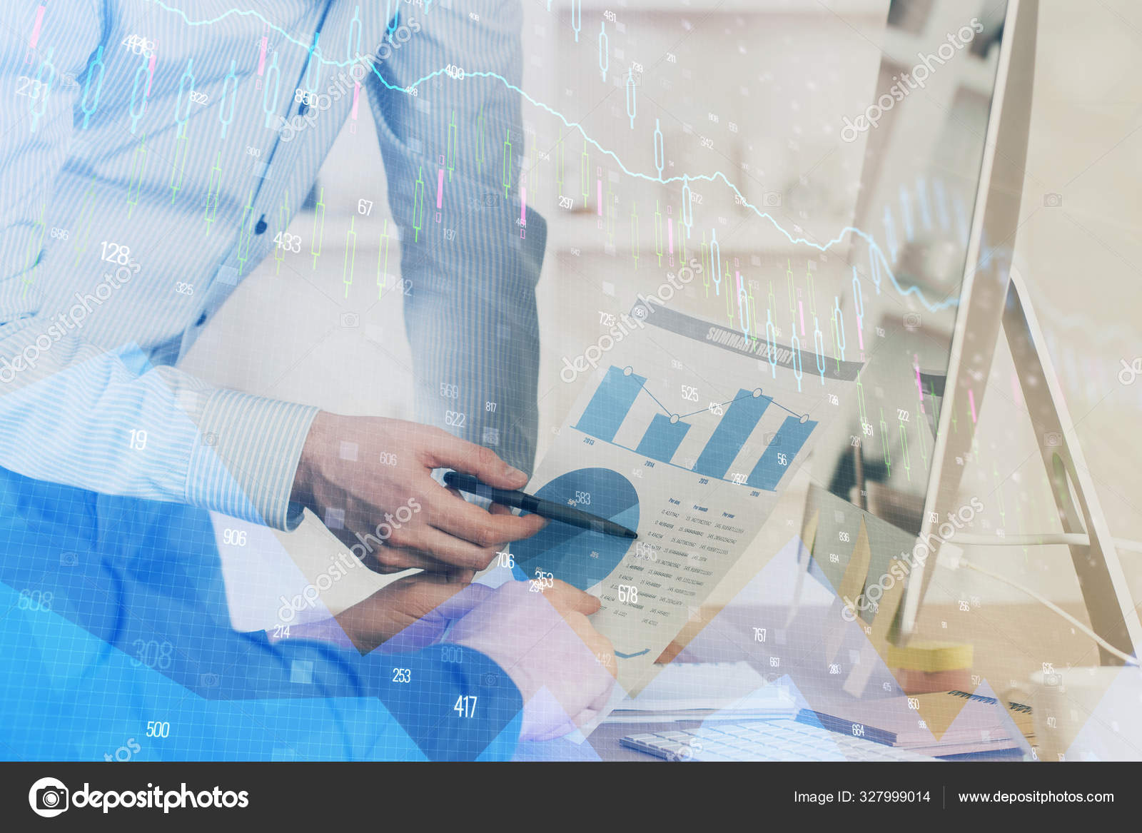 Double exposure of chart with businessman typing on computer in office ...
