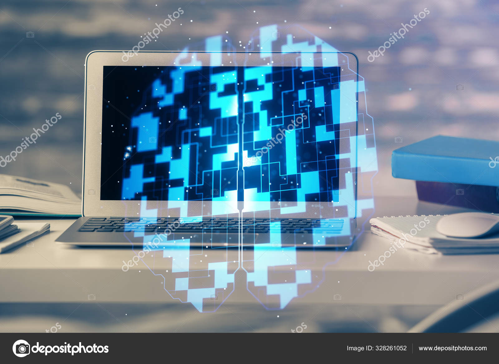 Double exposure of computer and technology theme drawing. Concept of ...