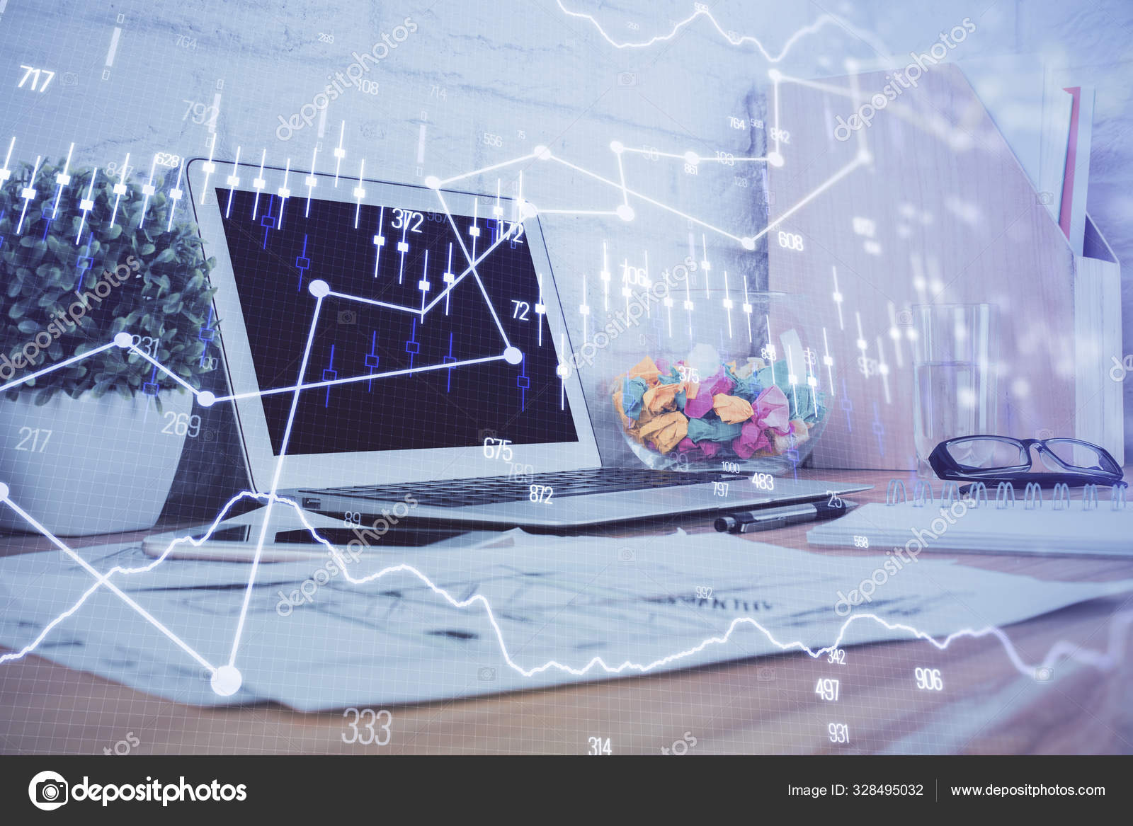 Financial chart drawing and table with computer on background. Multi ...