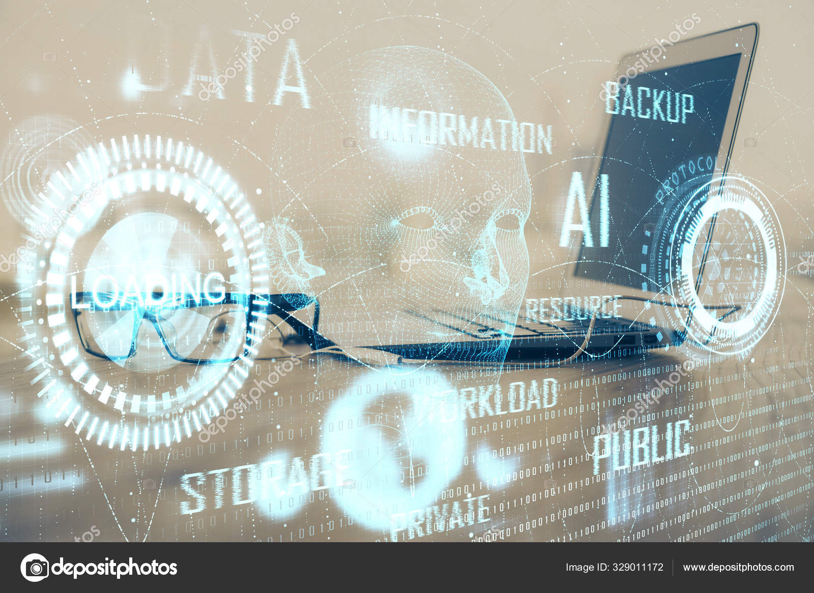 Double exposure of computer and technology theme drawing. Concept of ...