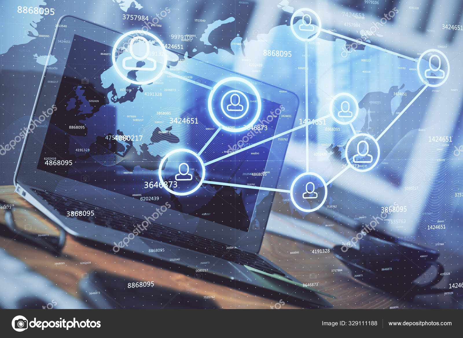 Computer on desktop with social network theme icon. Multi exposure ...