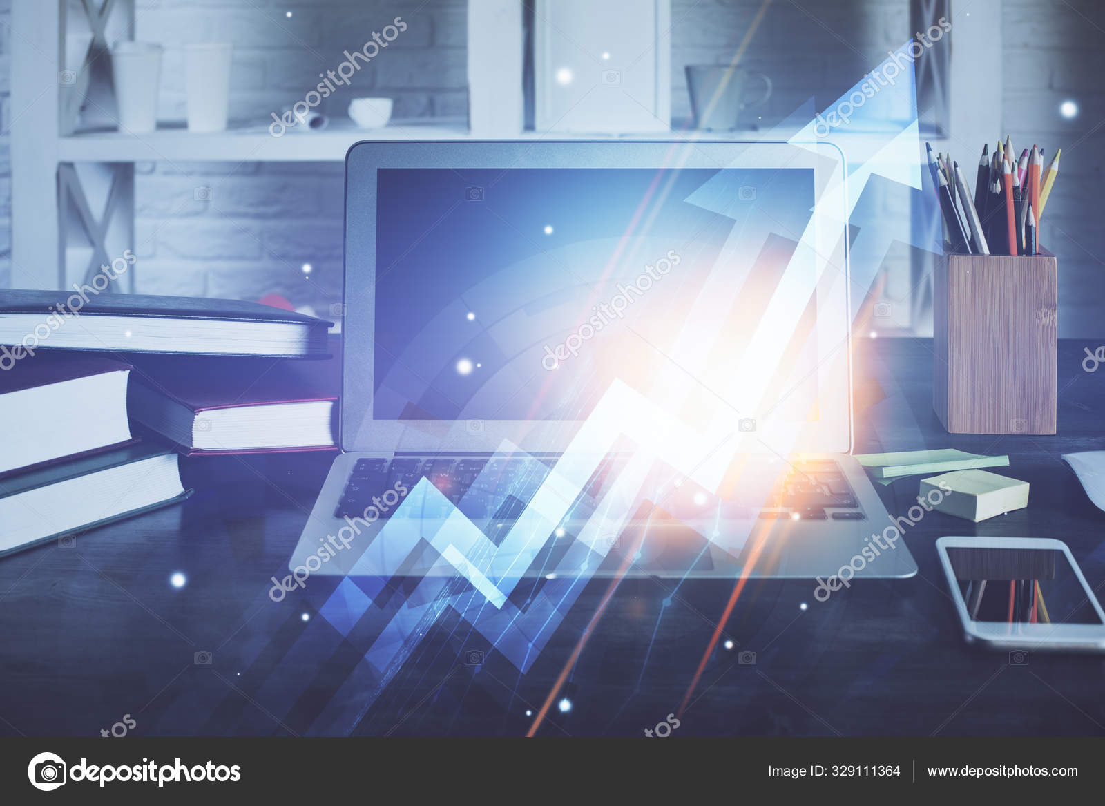 Computer on desktop with point up arrows hologram. Double exposure ...