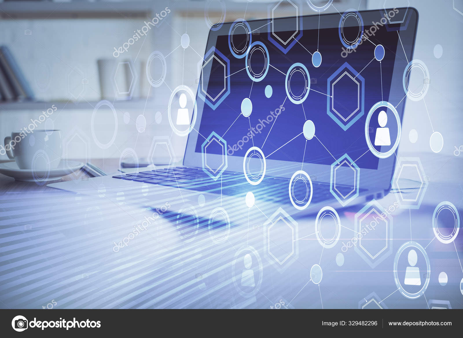 Computer on desktop with social network theme icon. Multi exposure ...