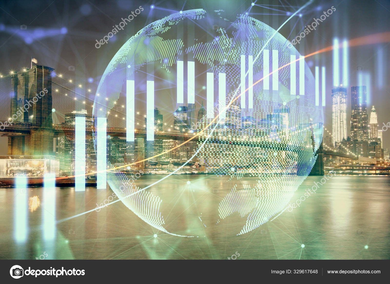 Financial chart on city scape with tall buildings background multi ...