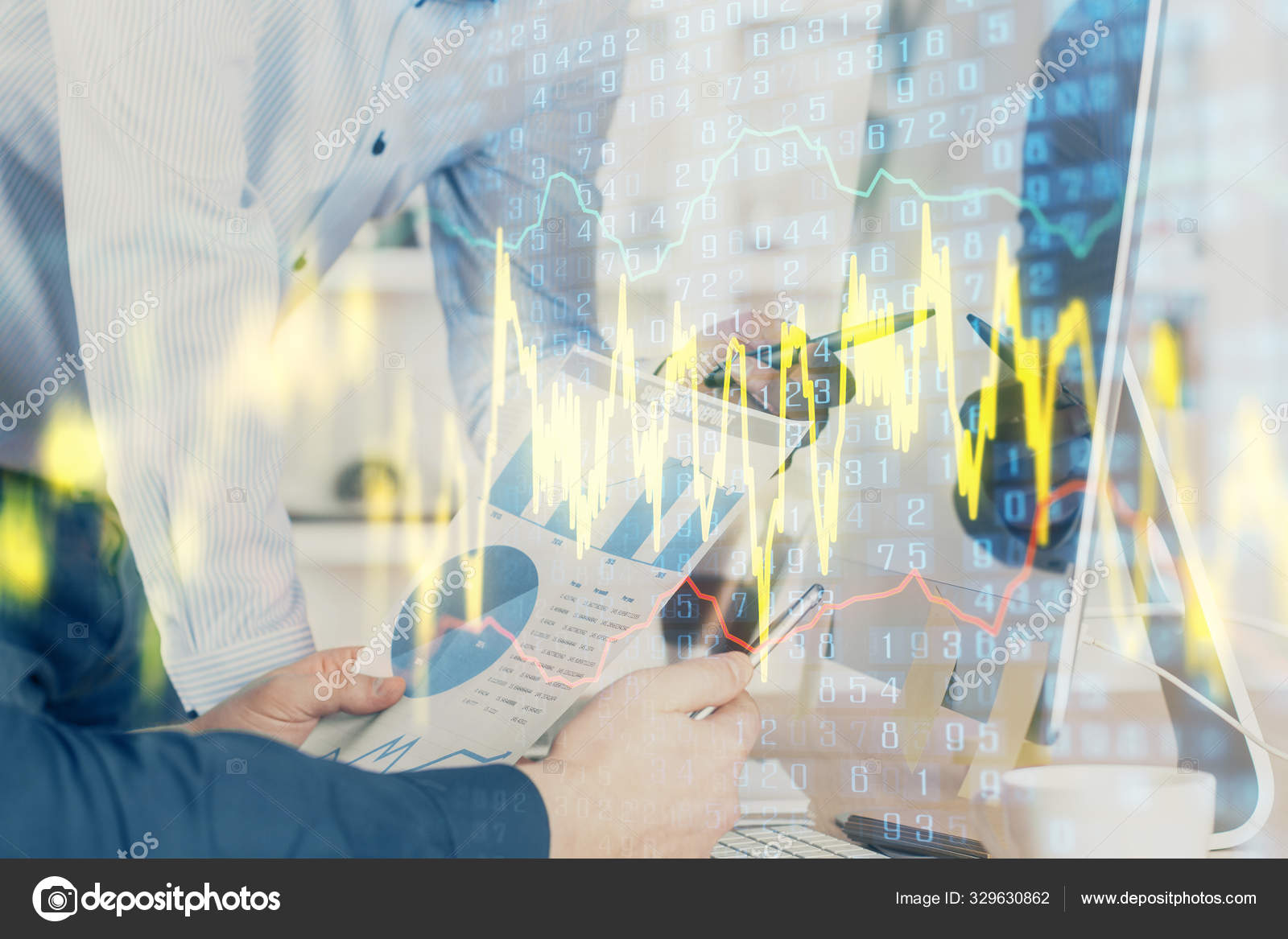 Double exposure of chart with businessman typing on computer in office ...