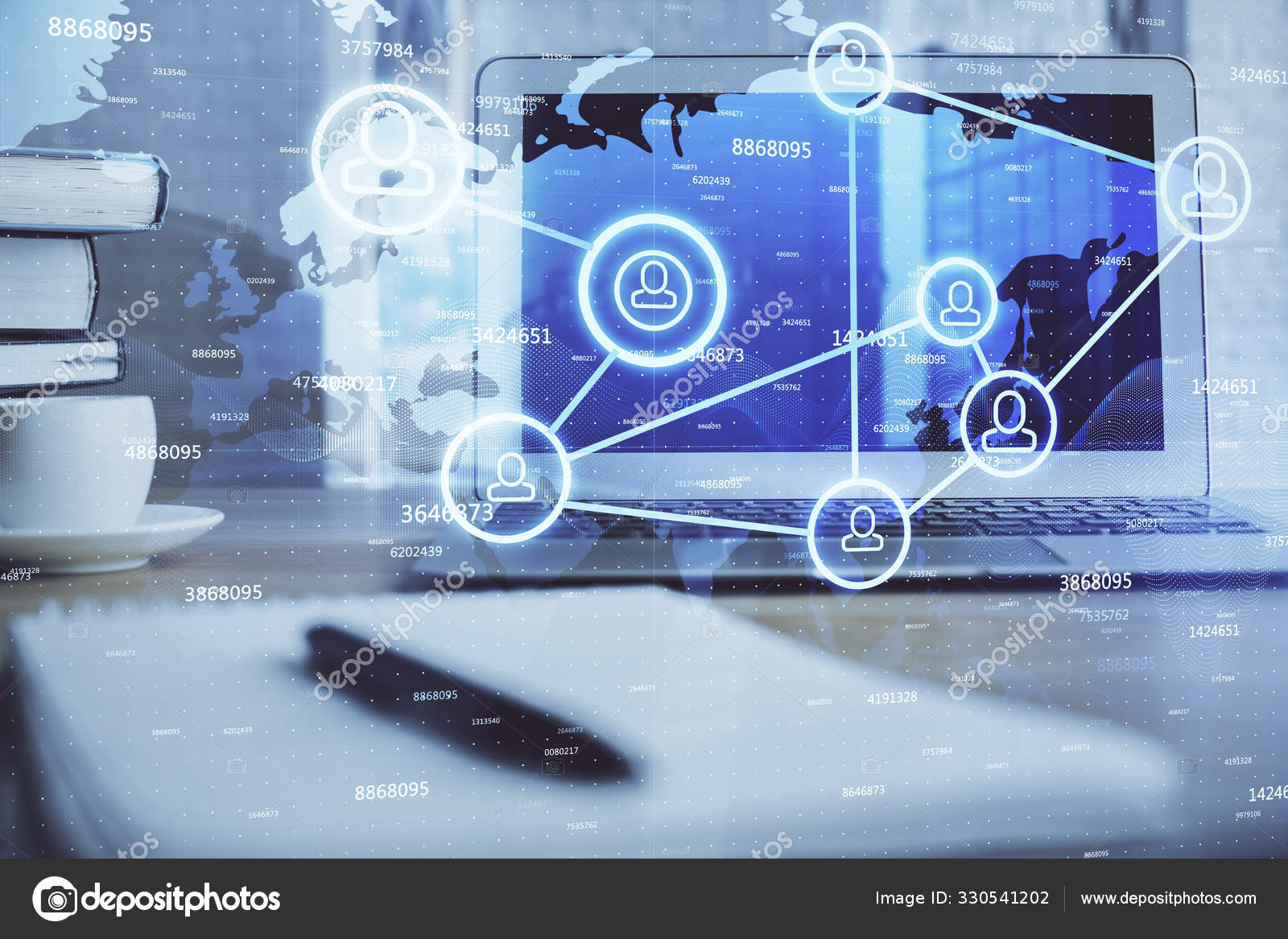 Computer on desktop with social network theme icon. Multi exposure ...