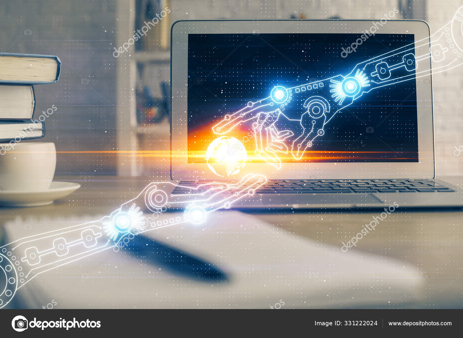 Multi exposure of computer on background and technology theme drawing ...