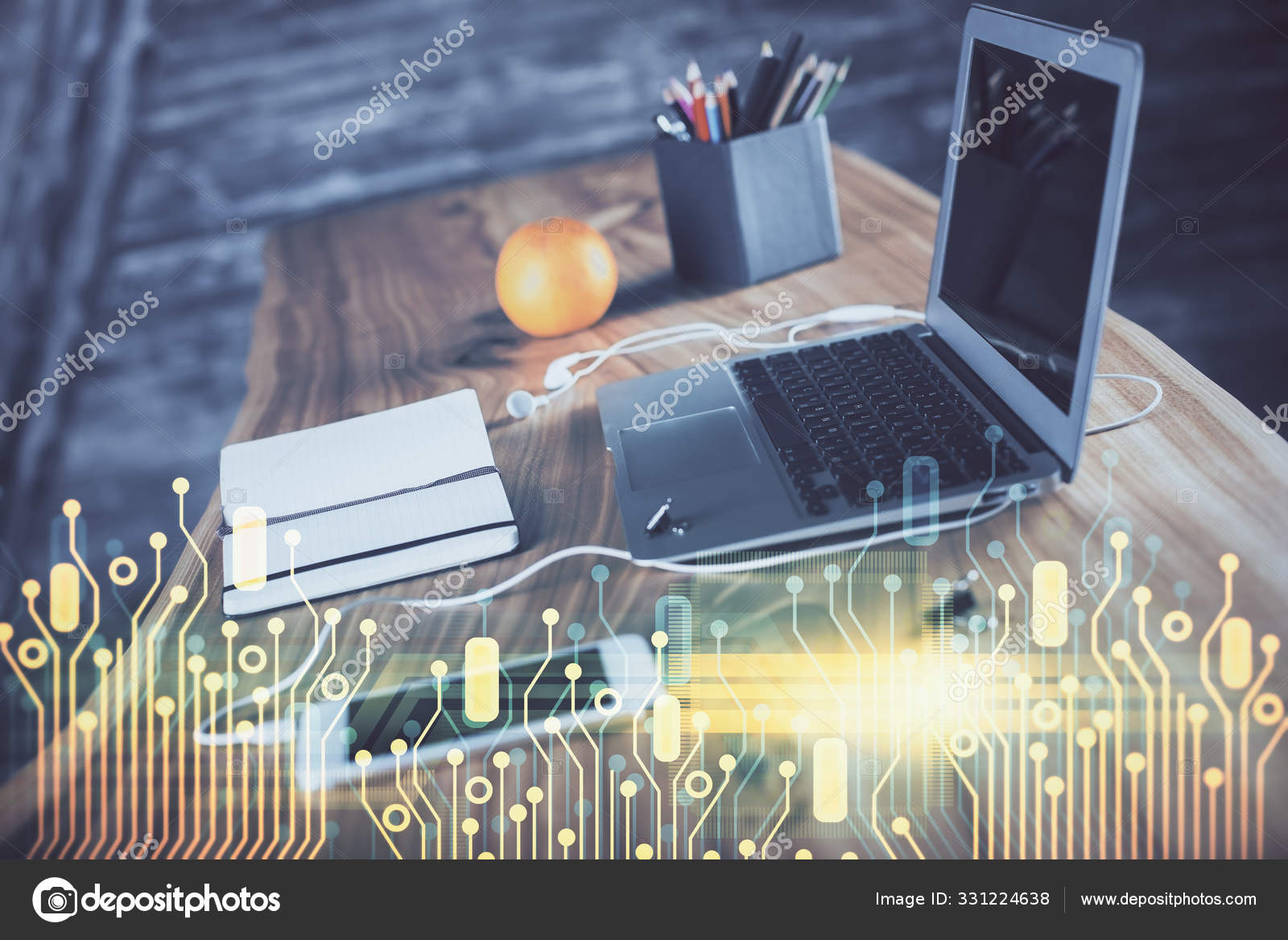 Technology theme drawing and table with computer. Double exposure ...