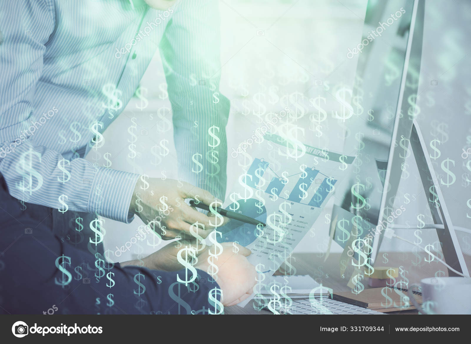 Double exposure of chart with businessman typing on computer in office ...