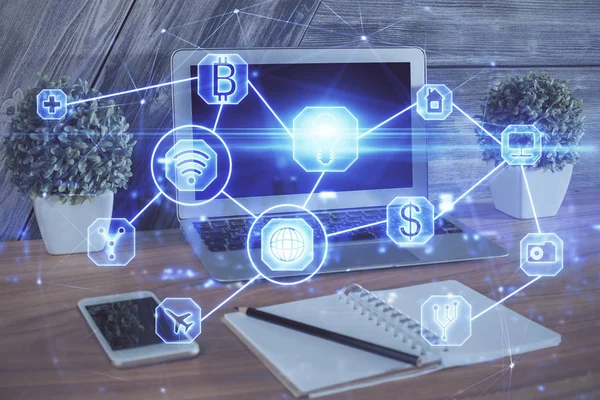 Computer on desktop with social network theme icon. Multi exposure ...