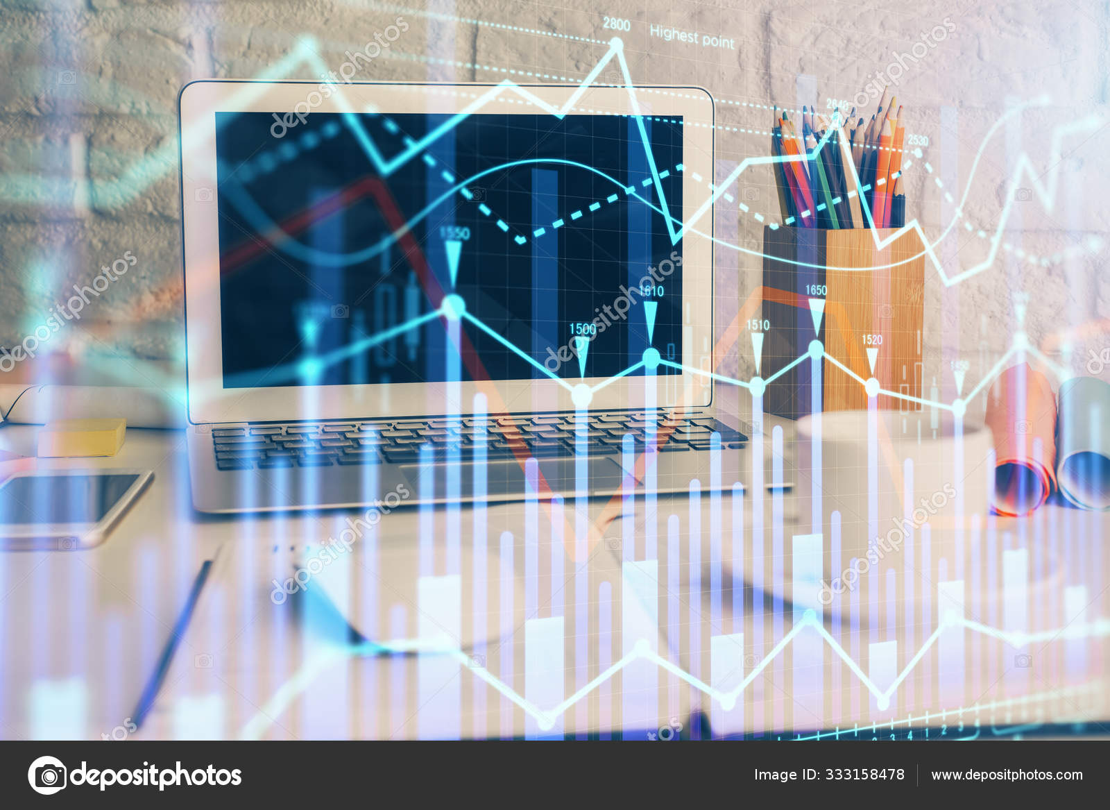 Forex market chart hologram and personal computer background. Multi ...