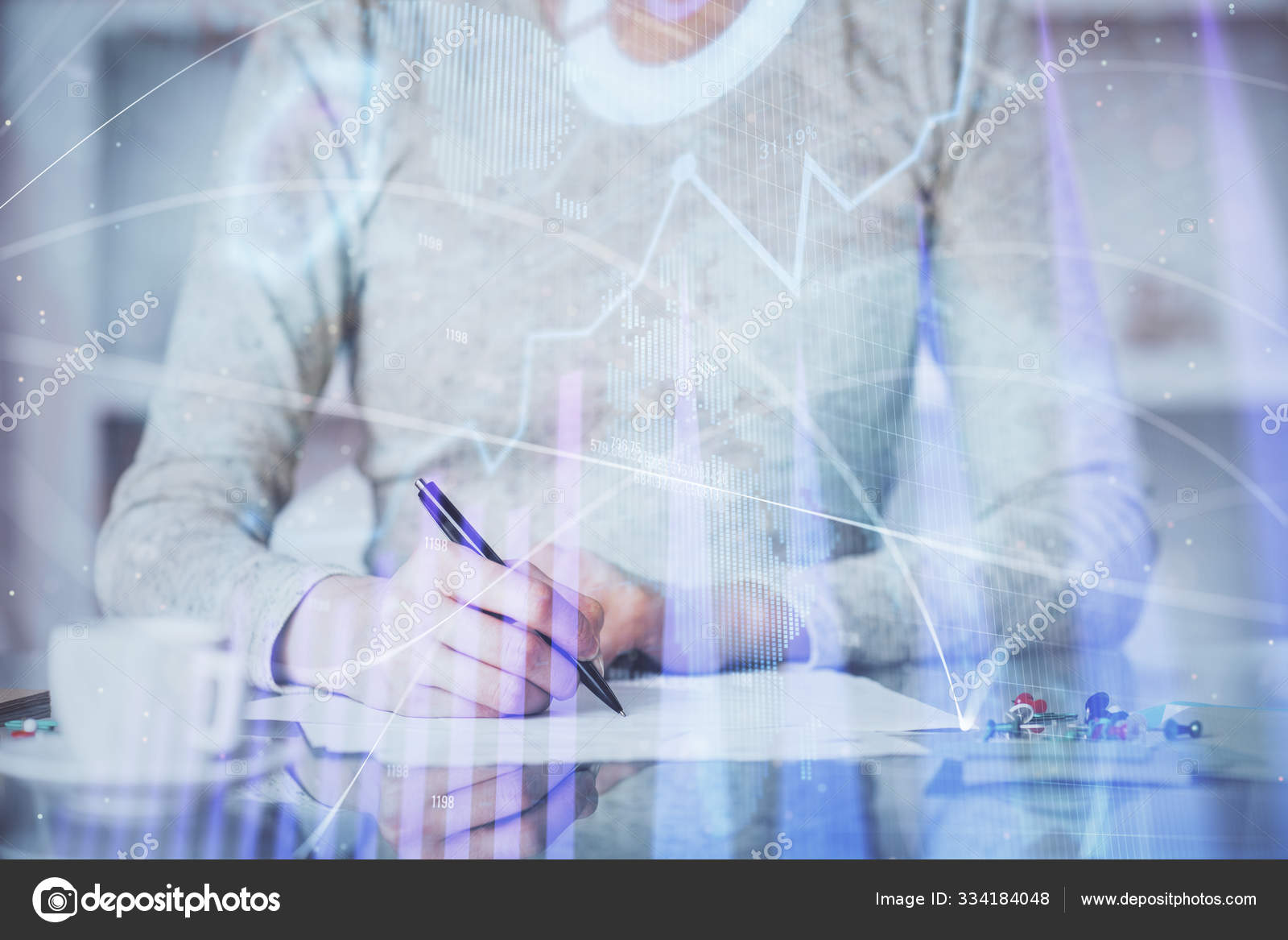Hand taking notes in notepad. Forex chart holograms in front. Concept ...