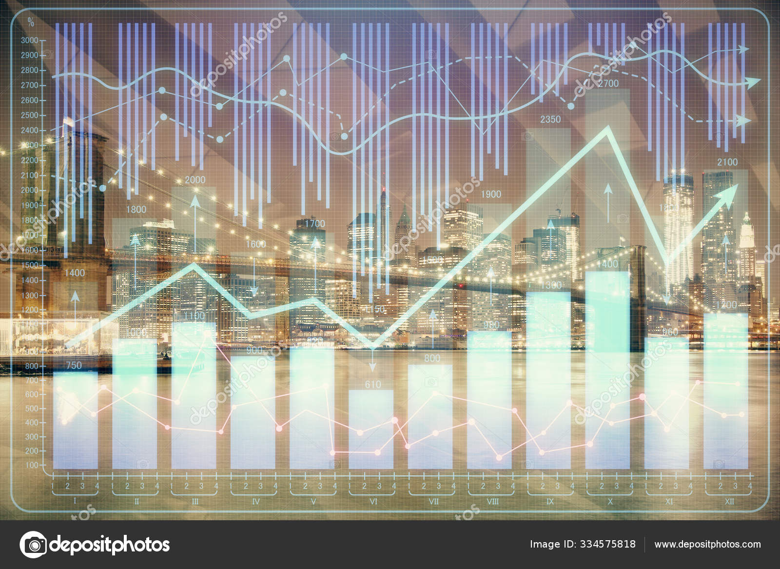 Financial chart on city scape with tall buildings background multi ...
