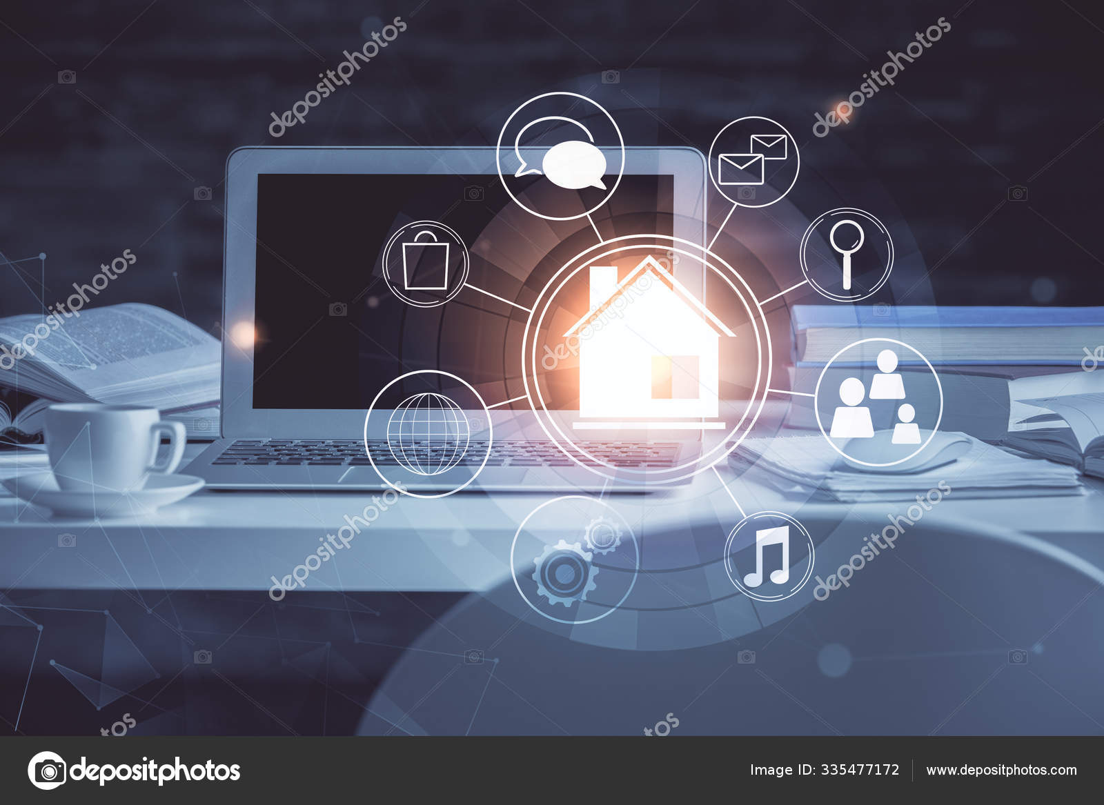 Desktop computer background in office and big town buildings hologram ...