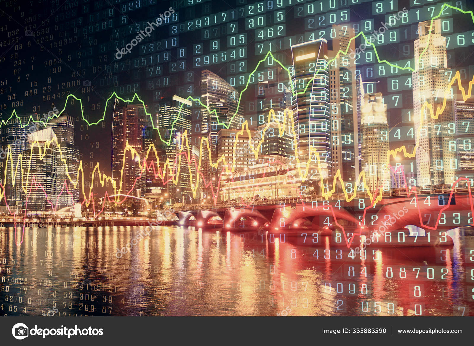 Financial chart on city scape with tall buildings background multi ...