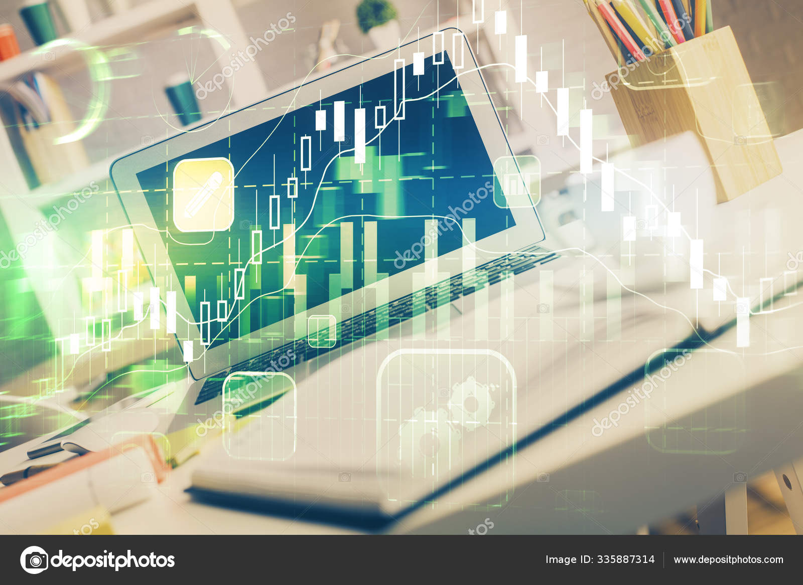 Stock market graph and table with computer background. Multi exposure ...