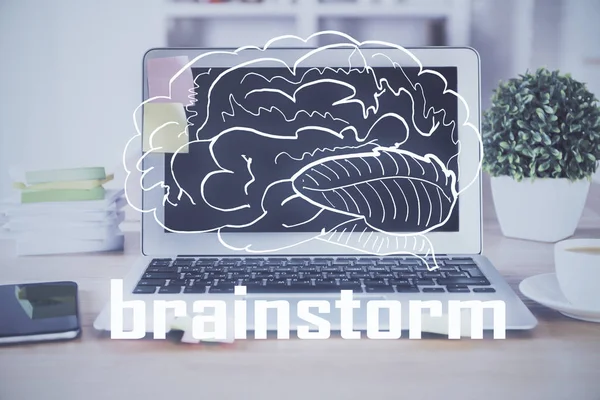 Desktop computer background in office and start up theme hologram ...