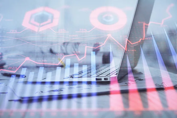Stock market graph and table with computer background. Double exposure ...