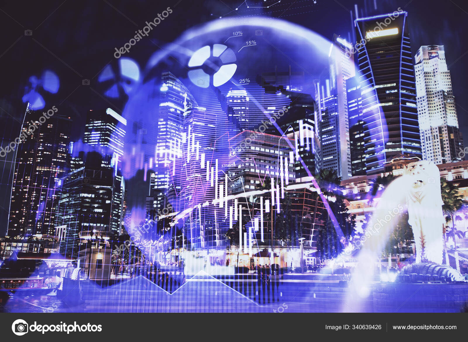 Financial chart on city scape with tall buildings background multi ...