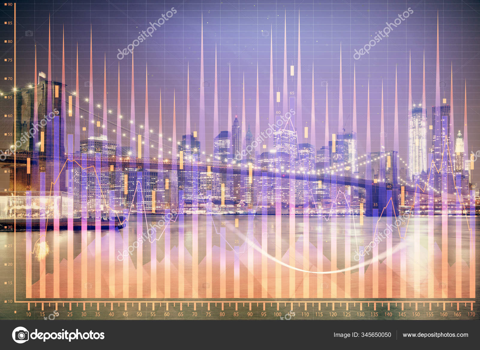 Financial chart on city scape with tall buildings background multi ...