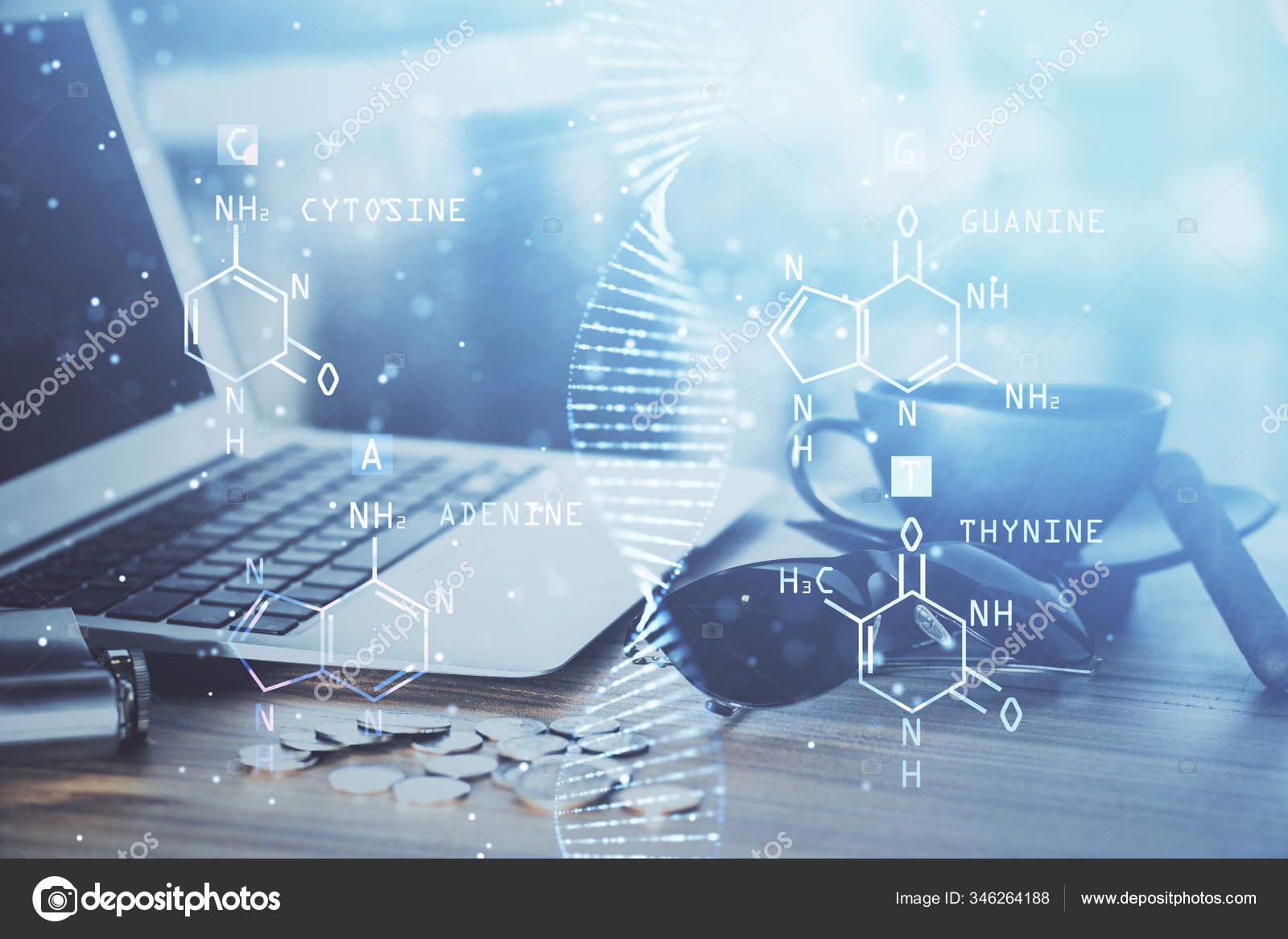 Desktop Computer Background Dna Drawing Double Exposure Science Concept ...