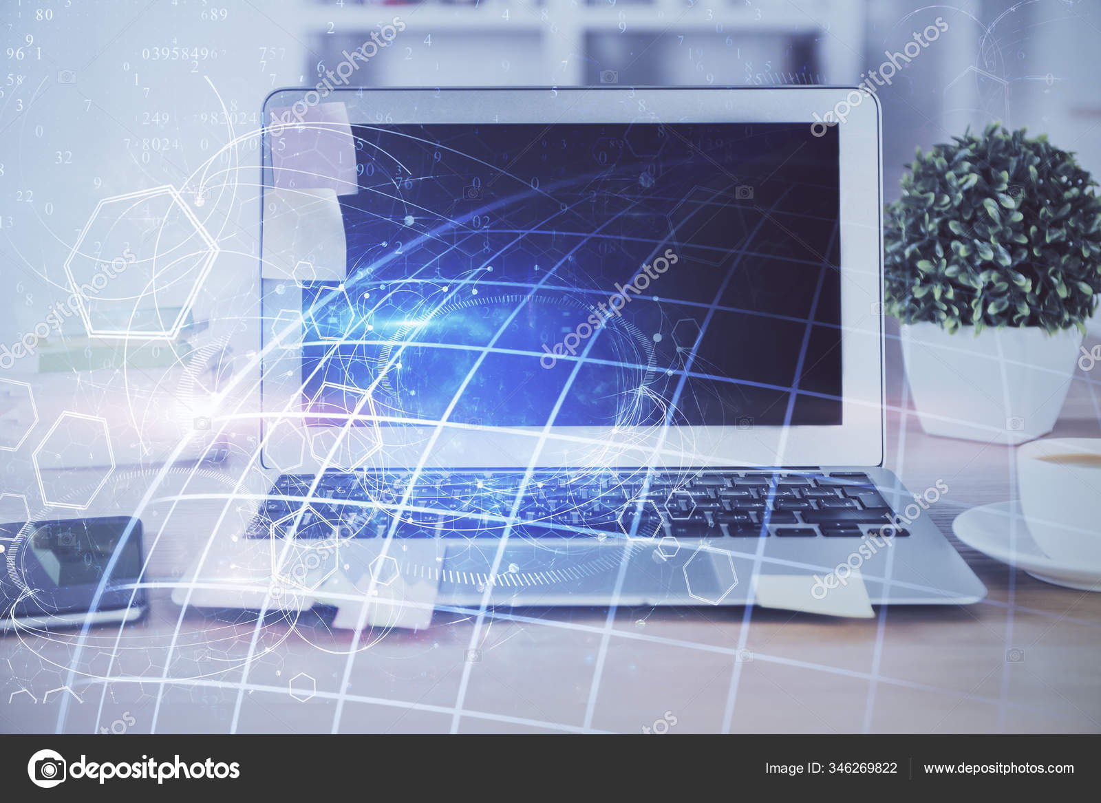 Multi Exposure Table Computer World Map Hologram International Data ...