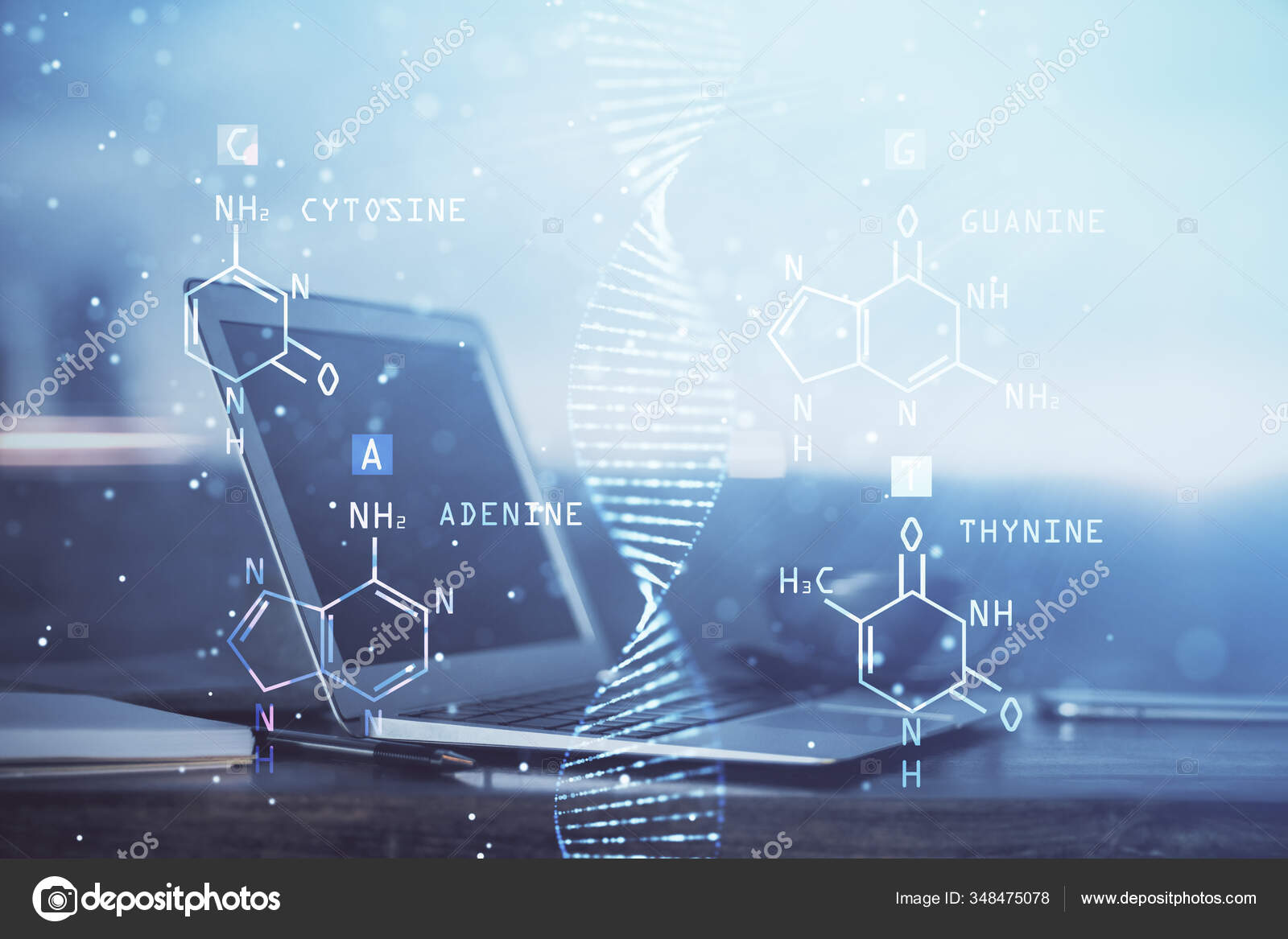 Desktop Computer Background Dna Drawing Double Exposure Science Concept ...