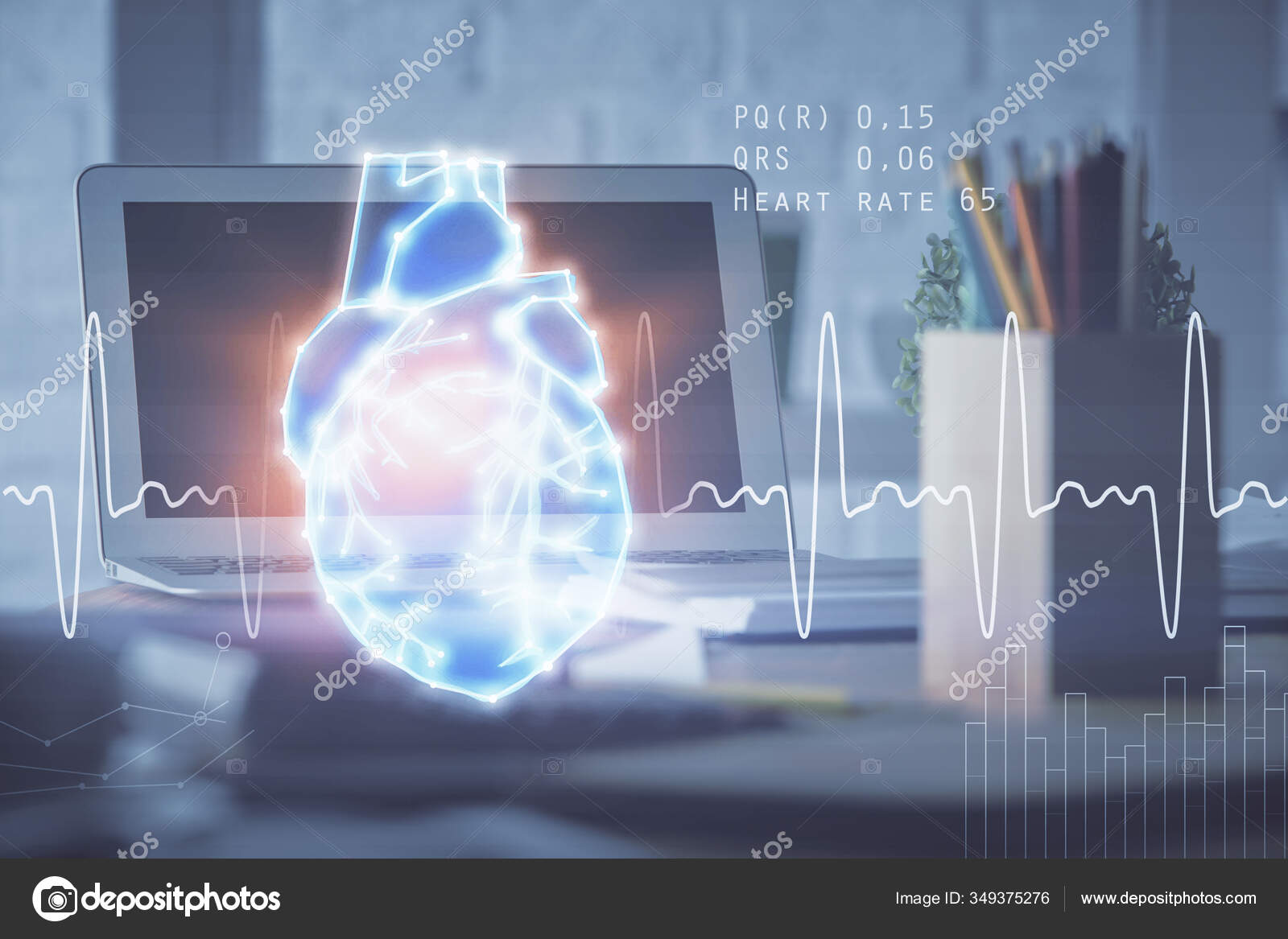 Desktop computer background and heart drawing. Double exposure. Medical ...