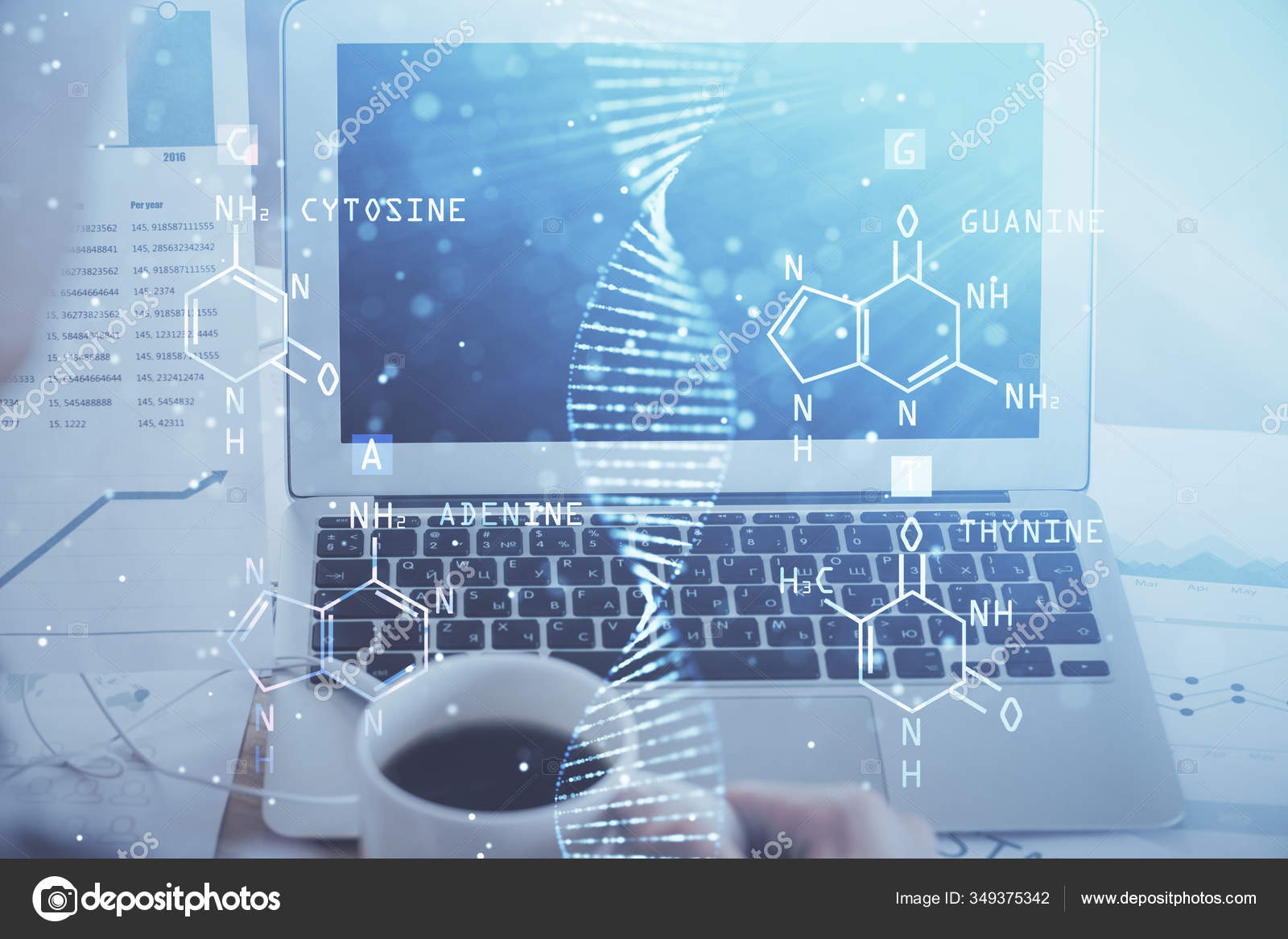 Desktop computer background and DNA drawing. Double exposure. Science ...
