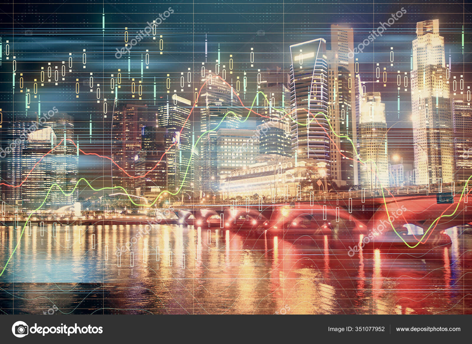 Financial chart on city scape with tall buildings background multi ...