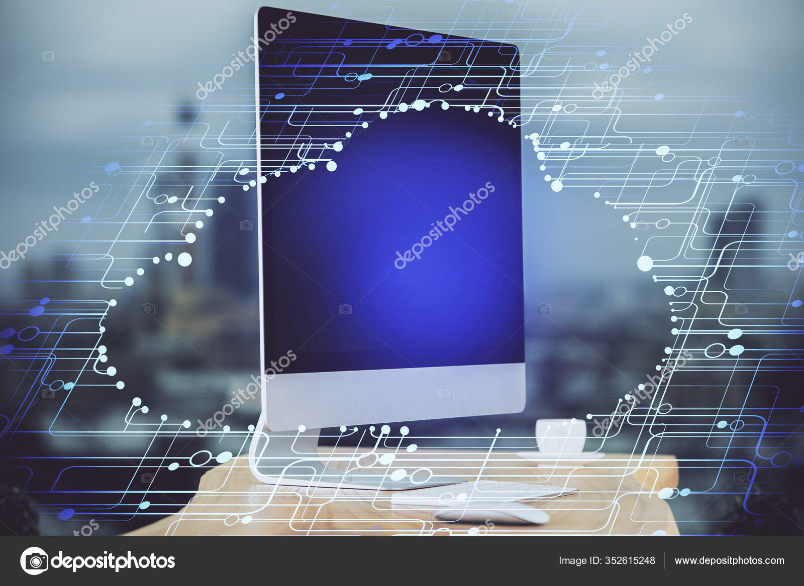 Technology theme drawing and table with computer. Multi exposure ...