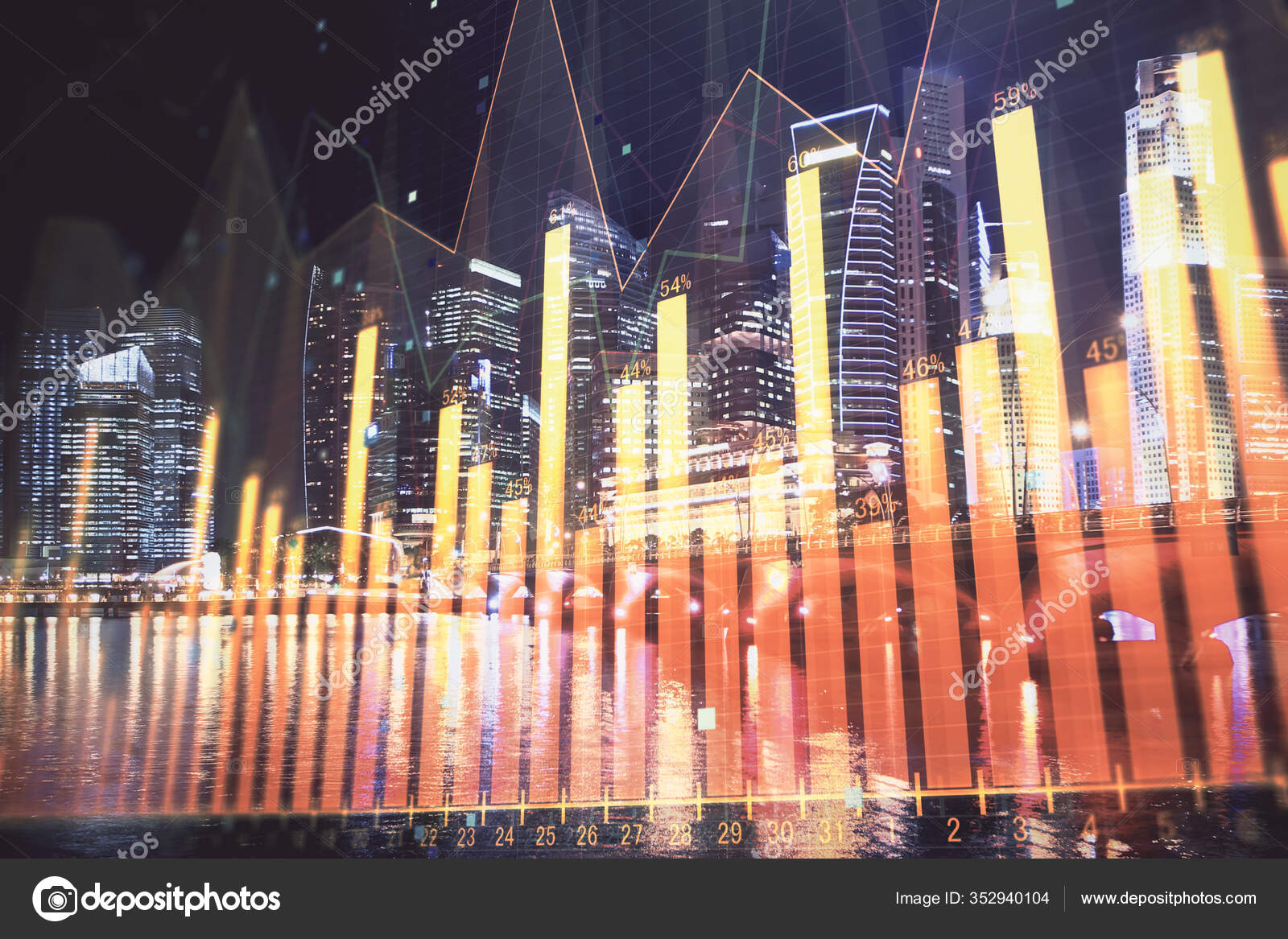 Financial chart on city scape with tall buildings background multi ...
