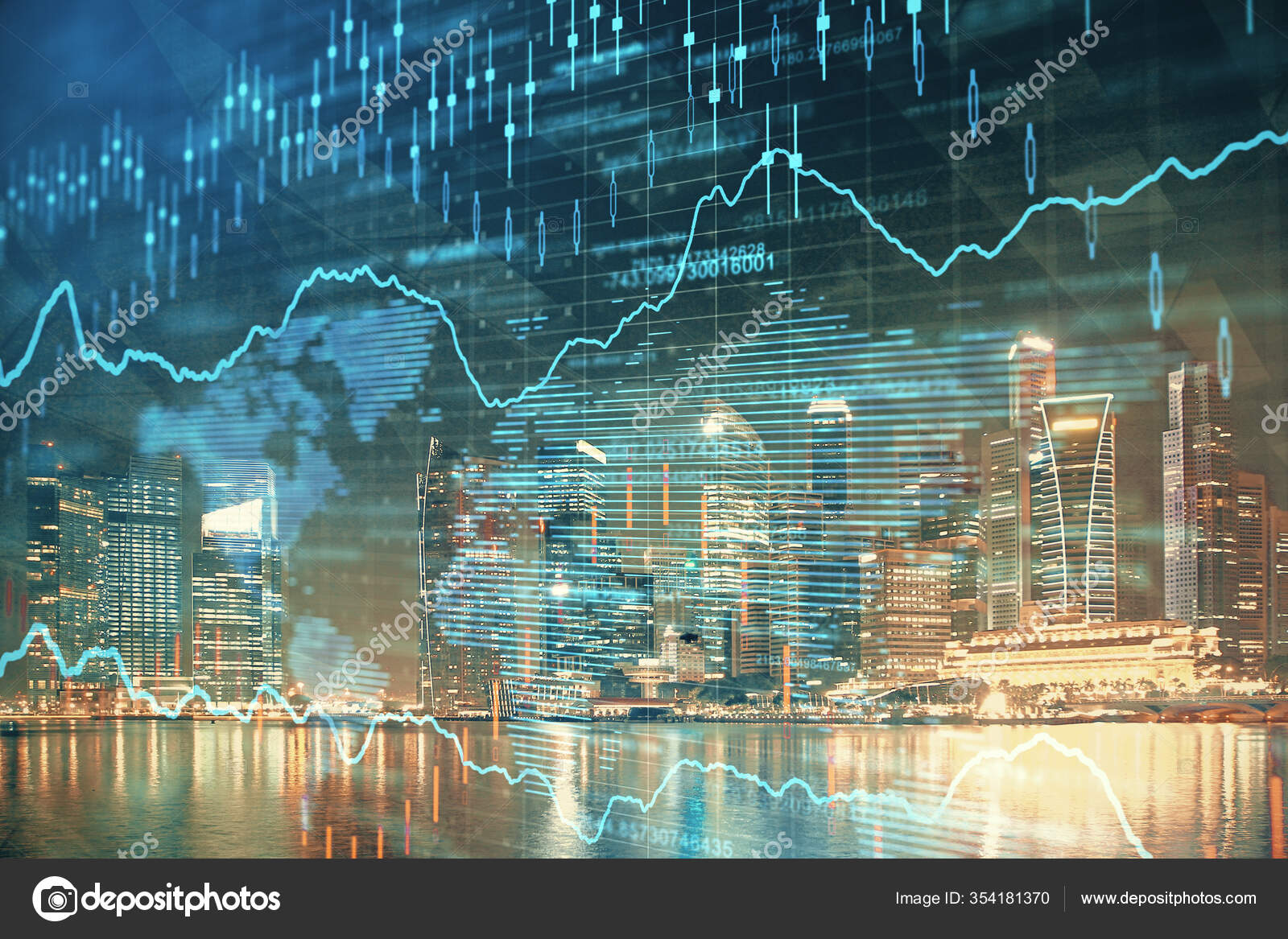 Financial chart on city scape with tall buildings background multi ...