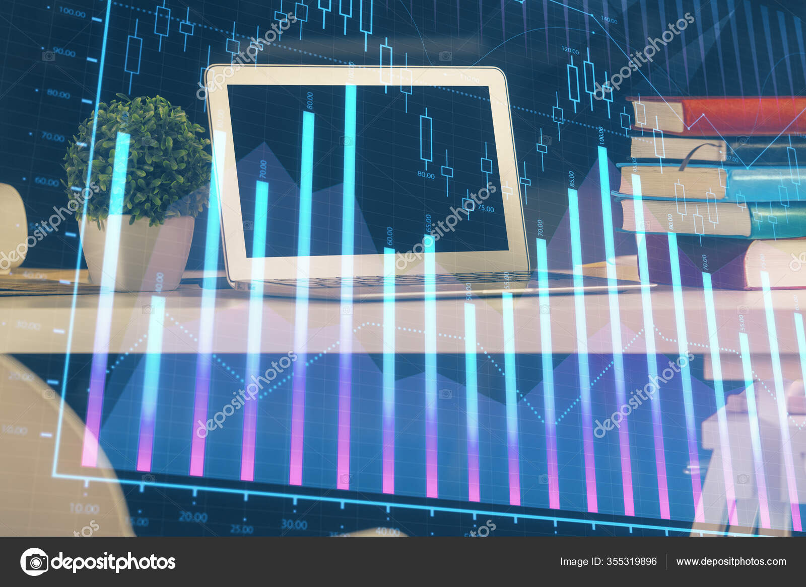 Financial chart drawing and table with computer on background. Multi ...