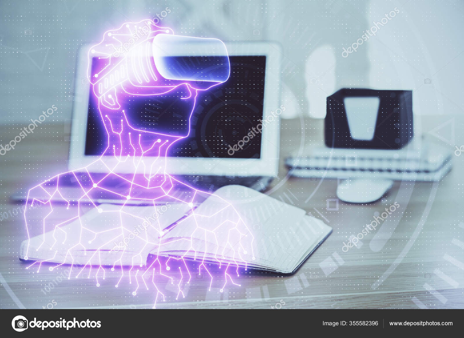 Computer on desktop with AR theme icon. Multi exposure. Concept of ...