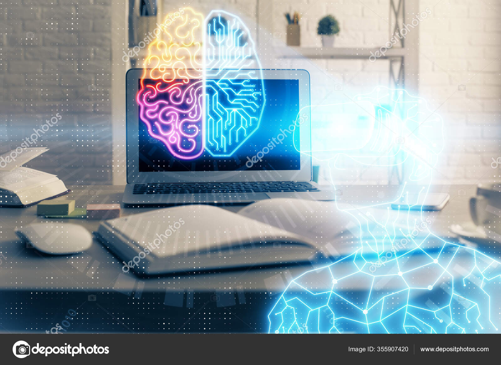 Computer on desktop with AR theme icon. Multi exposure. Concept of ...