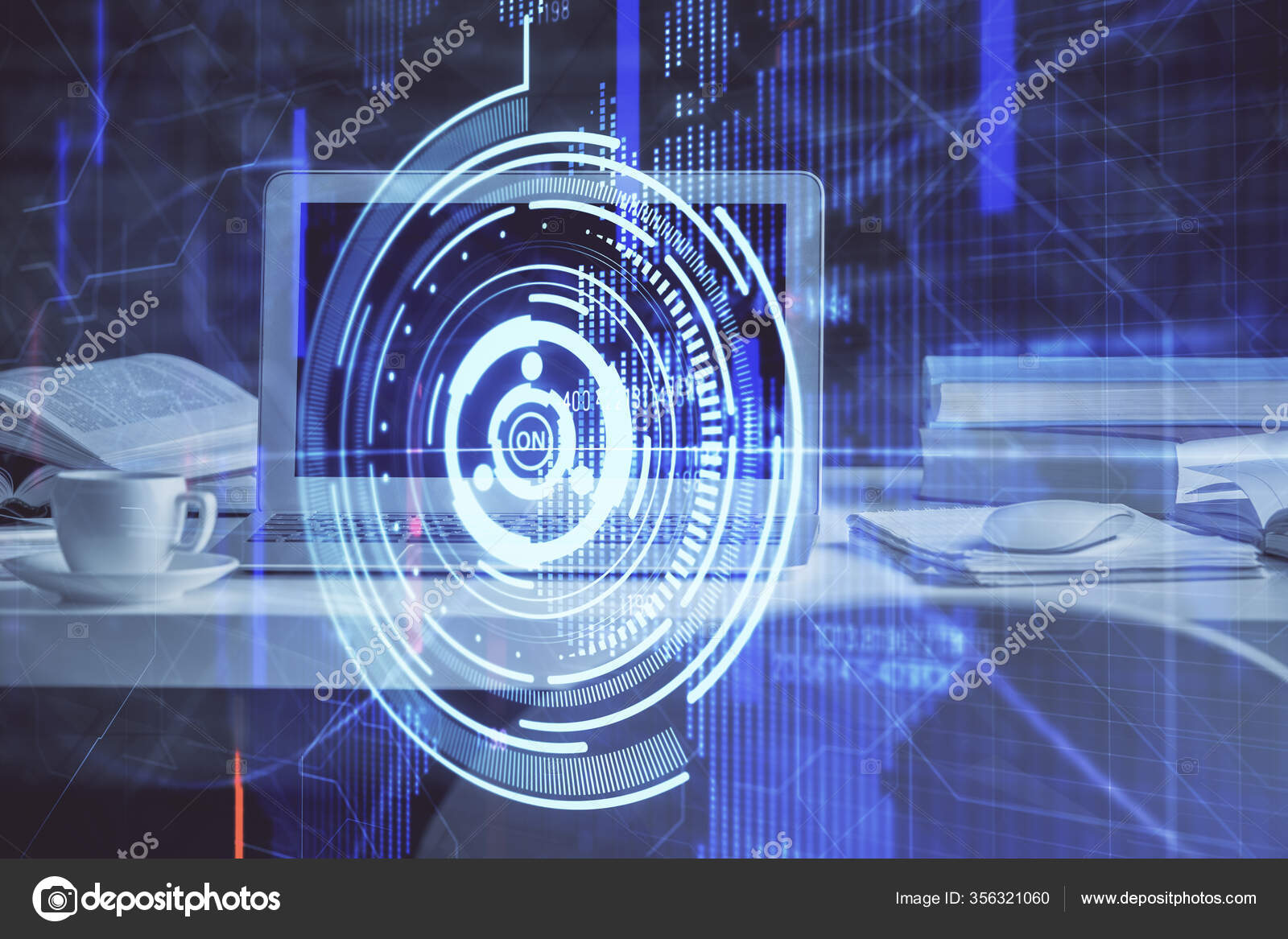 Technology theme drawing and table with computer. Multi exposure ...