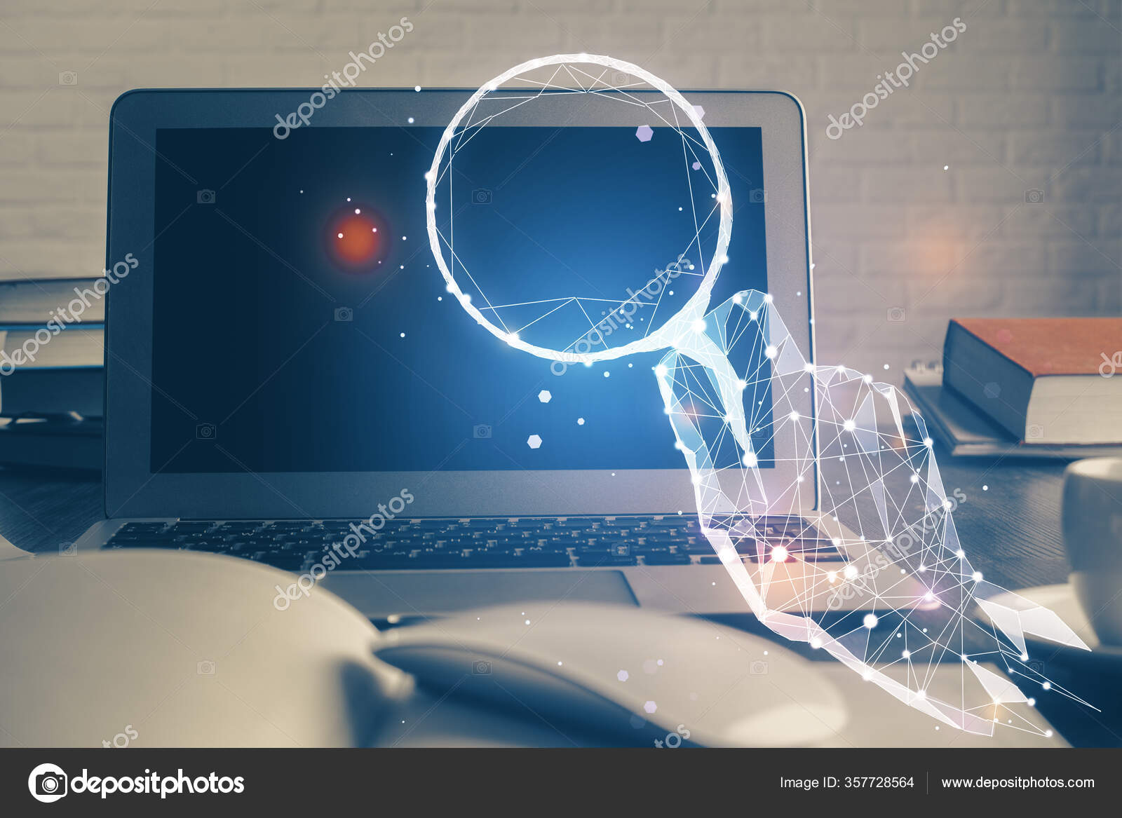 Desktop computer background in office and start up theme hologram ...