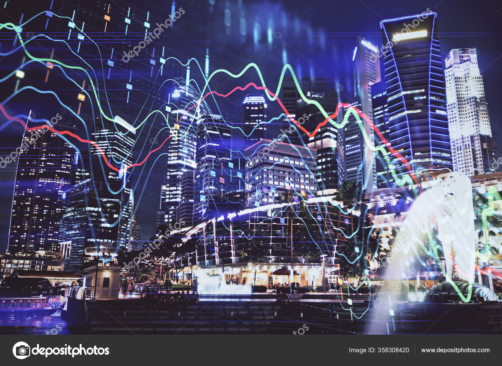 Financial chart on city scape with tall buildings background multi ...