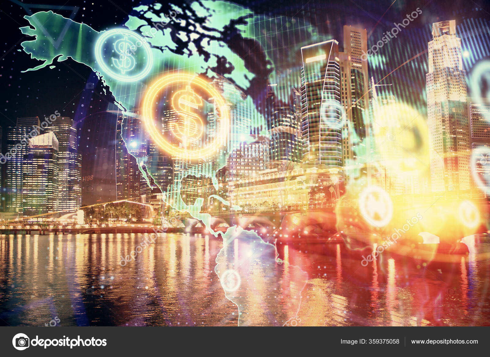 Financial chart on city scape with tall buildings background multi ...