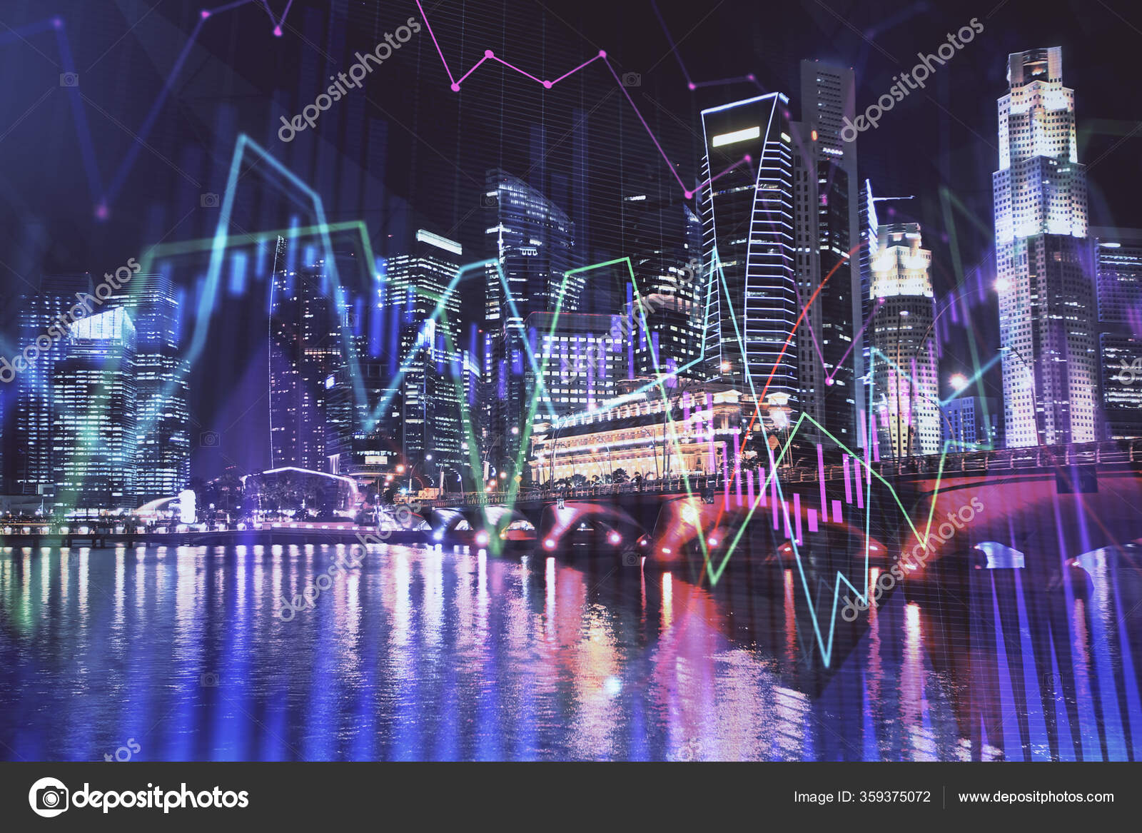 Financial chart on city scape with tall buildings background multi ...