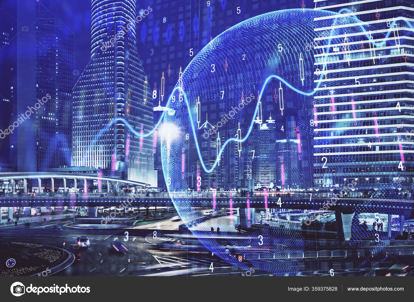 Financial chart on city scape with tall buildings background multi ...