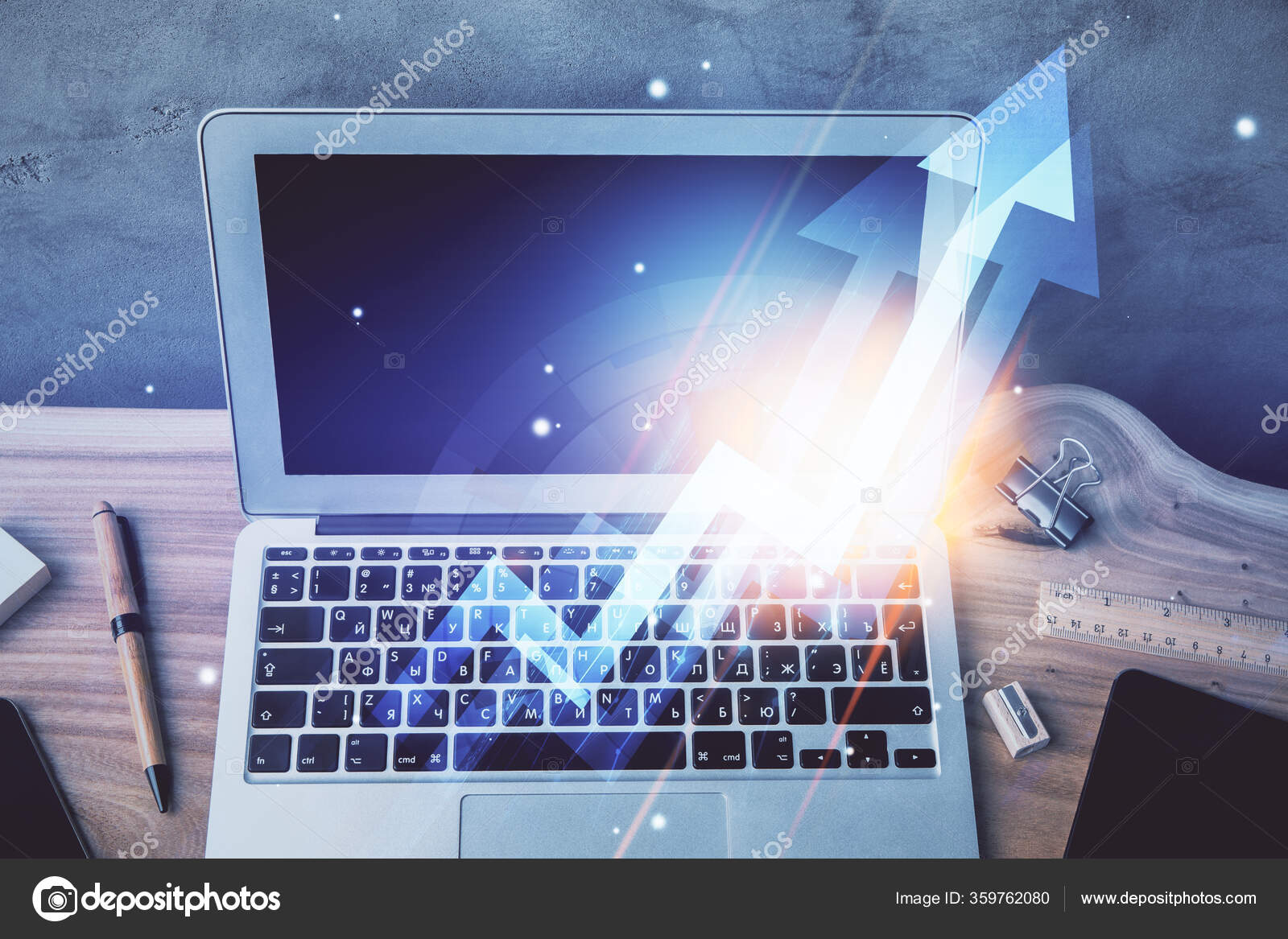 Computer on desktop with point up arrows hologram. Double exposure ...