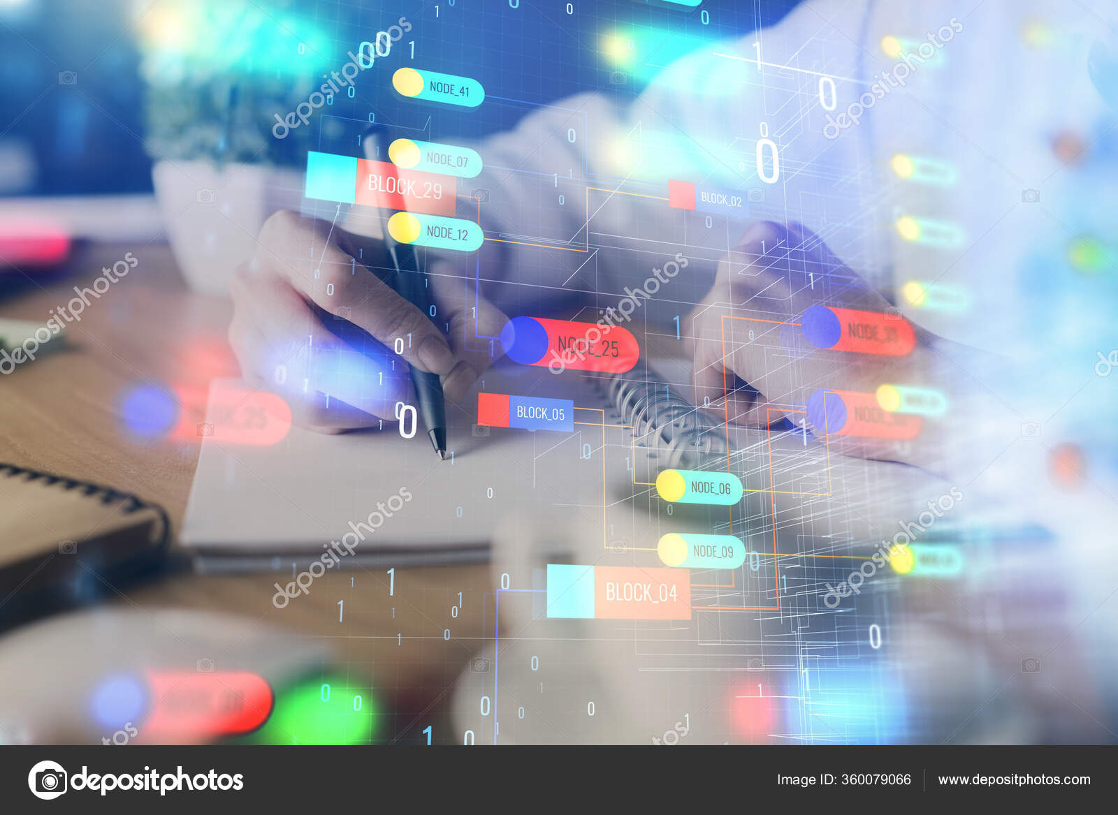 Double exposure of womans hands on background with technology and ...