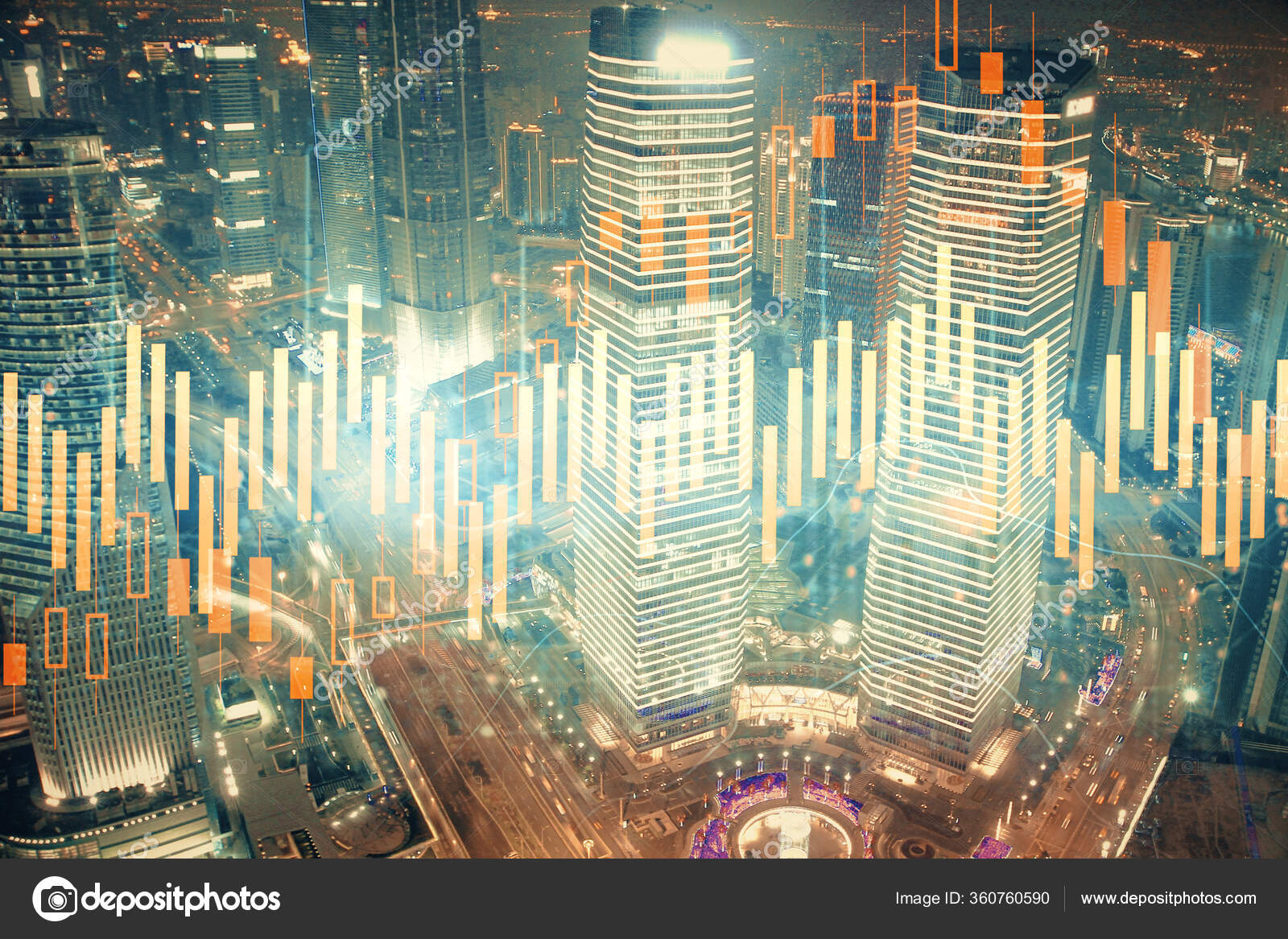 Financial chart on city scape with tall buildings background multi ...