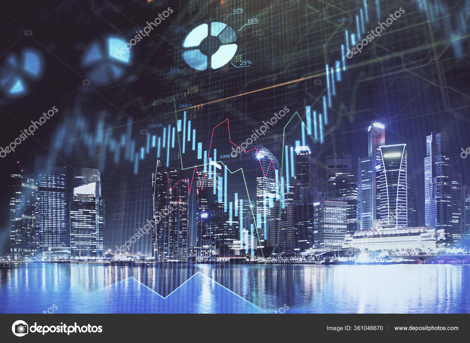 Financial chart on city scape with tall buildings background multi ...